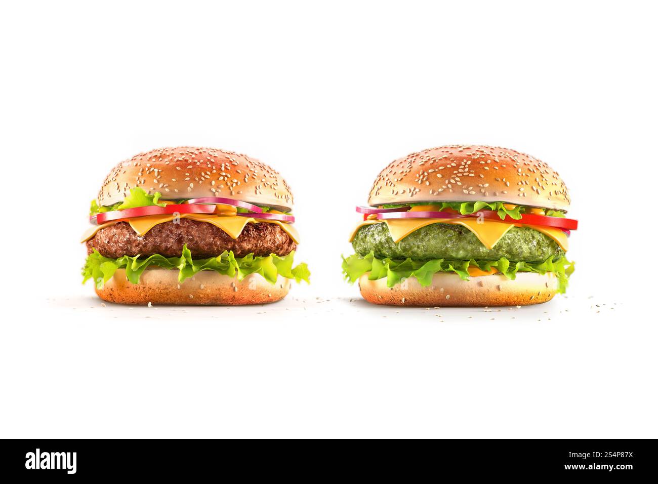 Blank beef and vegan hamburger with cheese mockup, front view, 3d ...