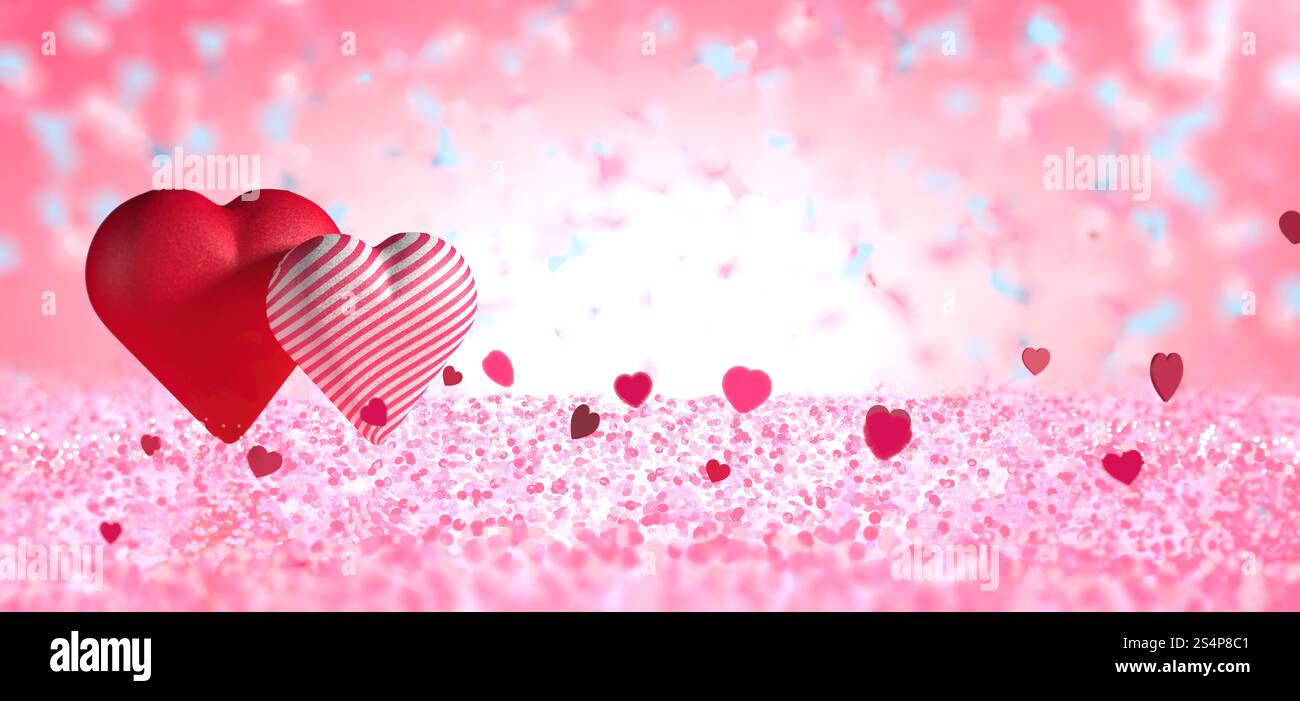 Red heart next to white striped heart on pink particle surface with ...