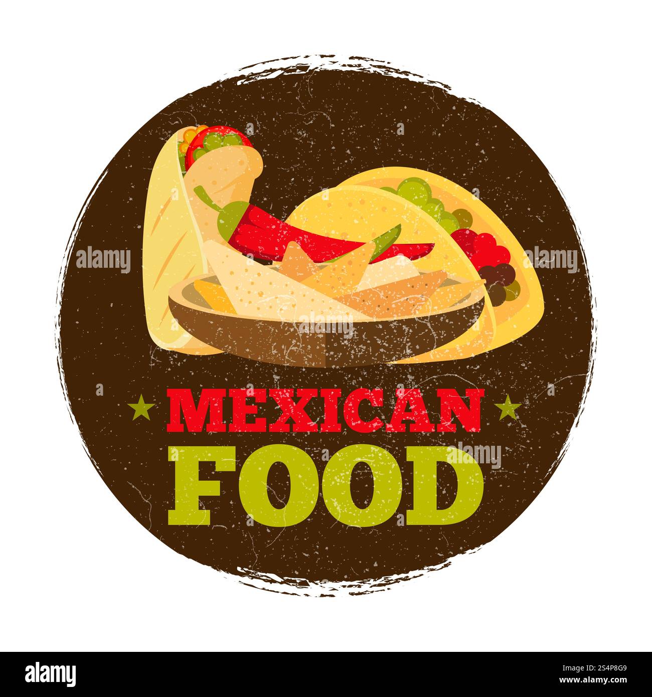 Colored grunge mexican food logo or badge on white. Vector illustration ...