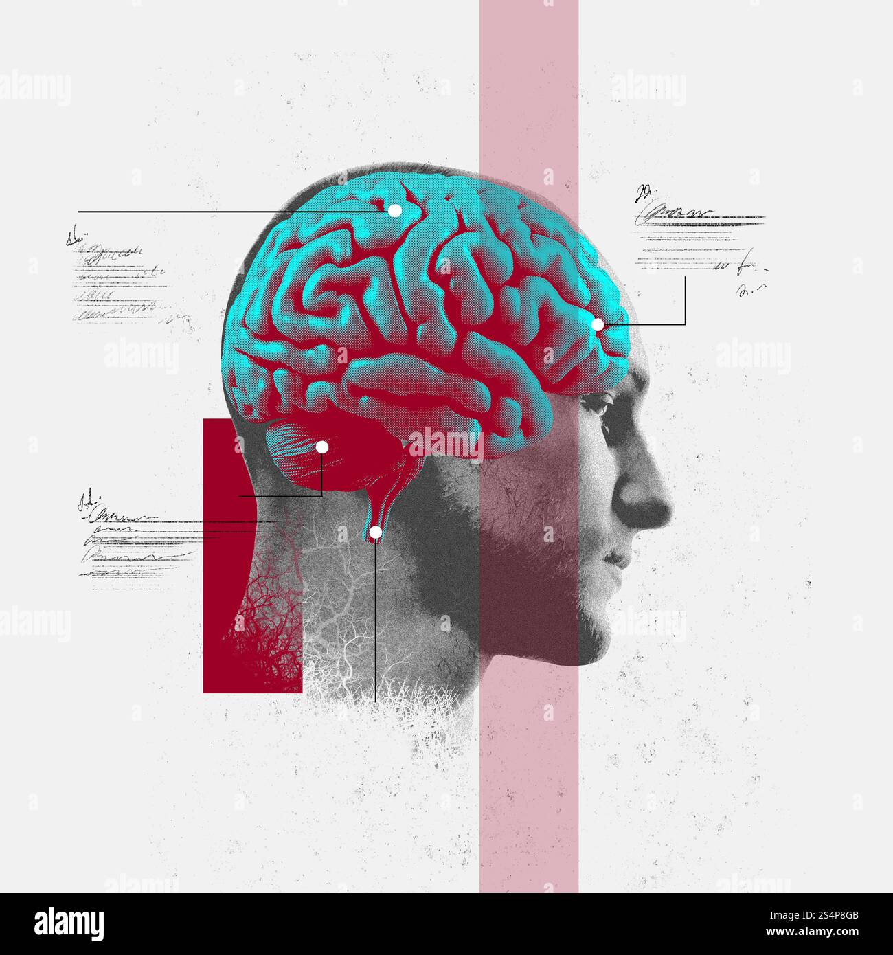 Artistic depiction of human brain in blue and red hues with scientific annotations. Neural ...