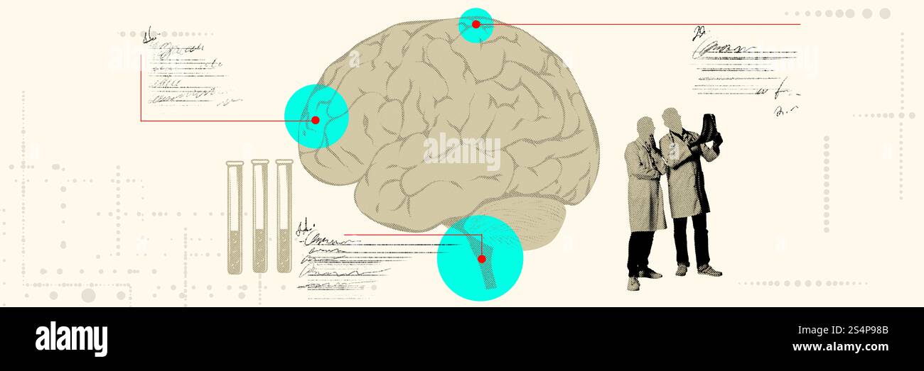 Stylized beige brain illustration with blue data points and scientific ...