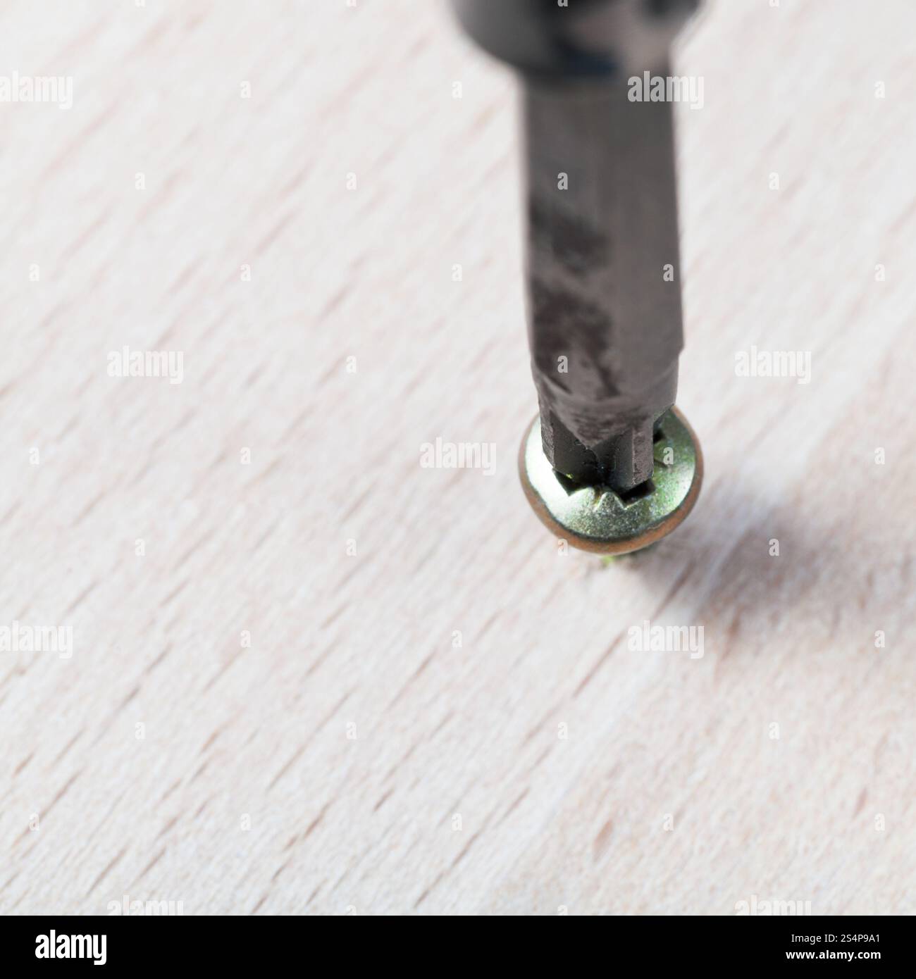 Screwdriver wraps screw in wood plank close up Stock Photo - Alamy