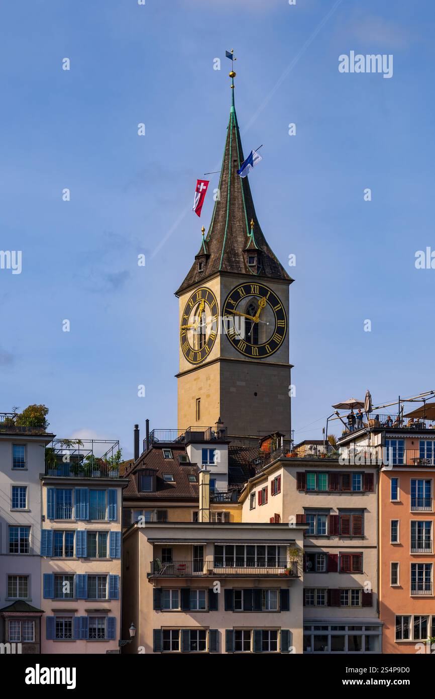 St. Peter's Church clock tower in Old Town of Zurich city in ...