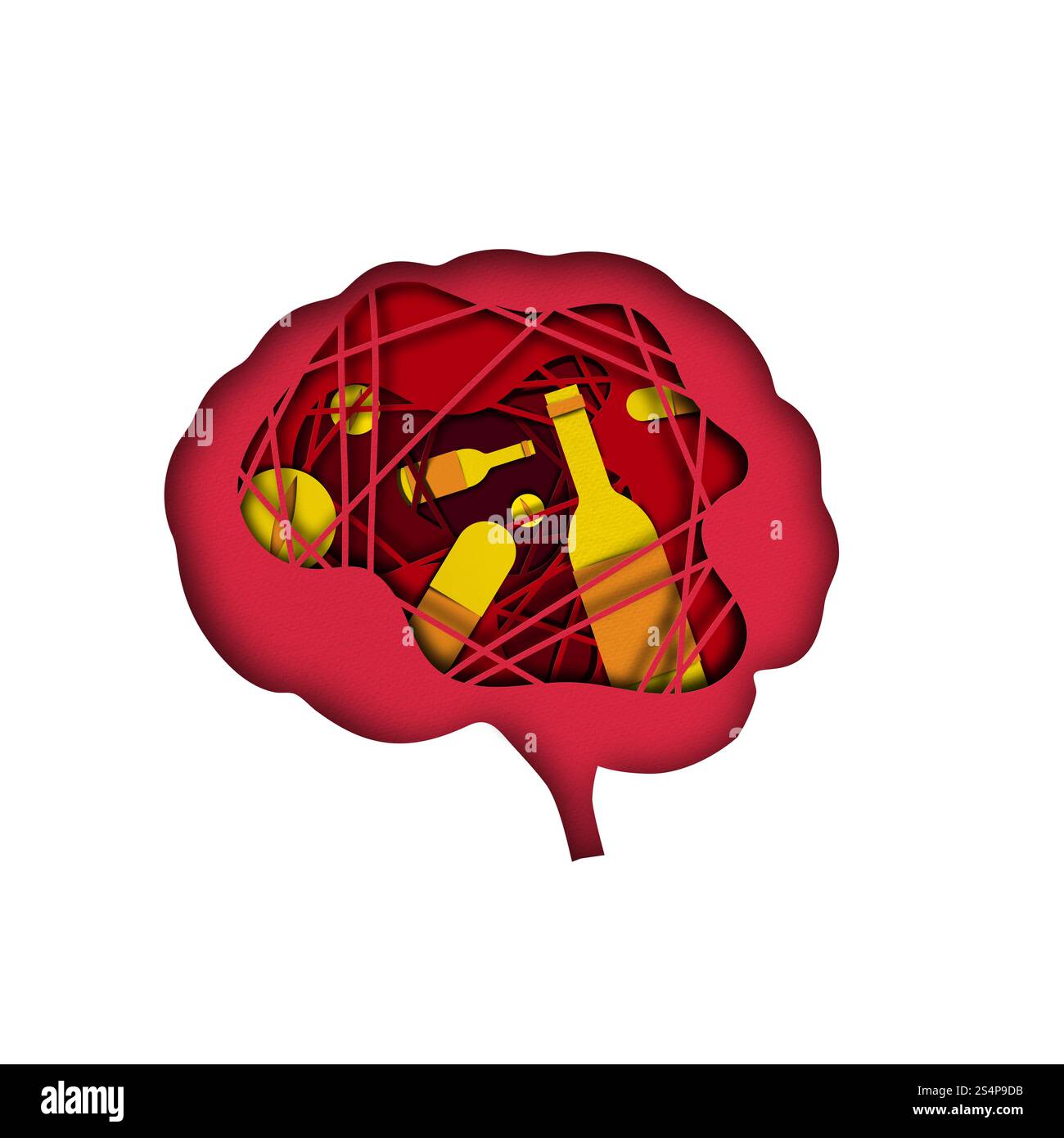 Abstract red brain illustration containing symbols of alcohol and pills ...