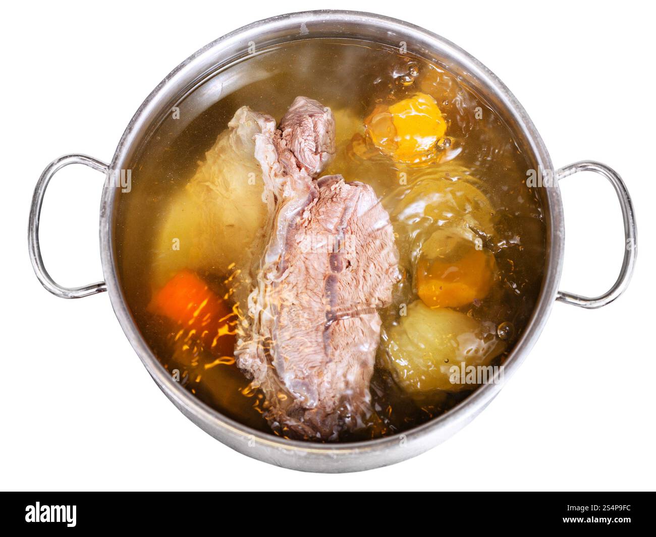 open pan with cooking beef broth with with seasoning vegetables ...