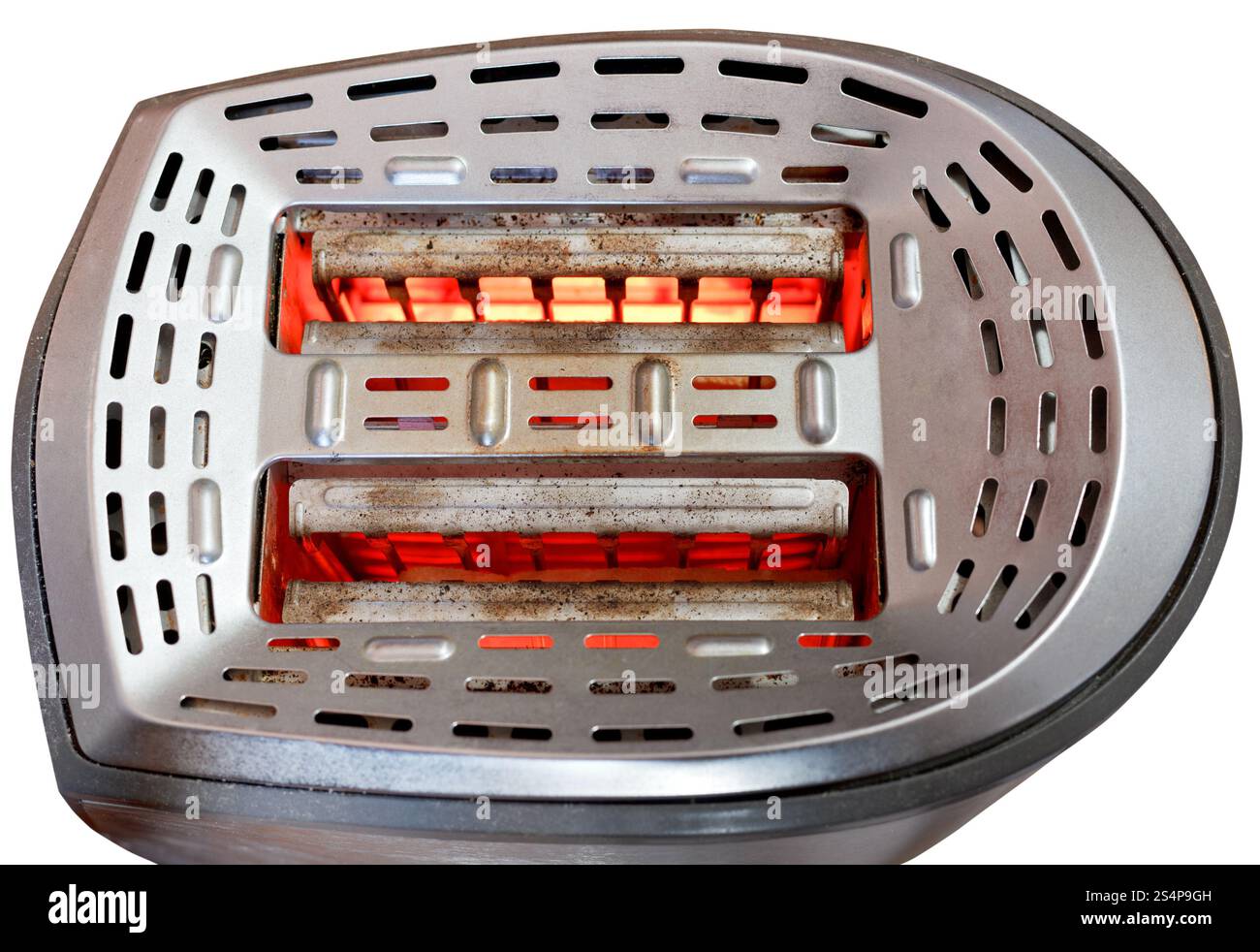 two slices of bread toasting in metal toaster isolated on white ...