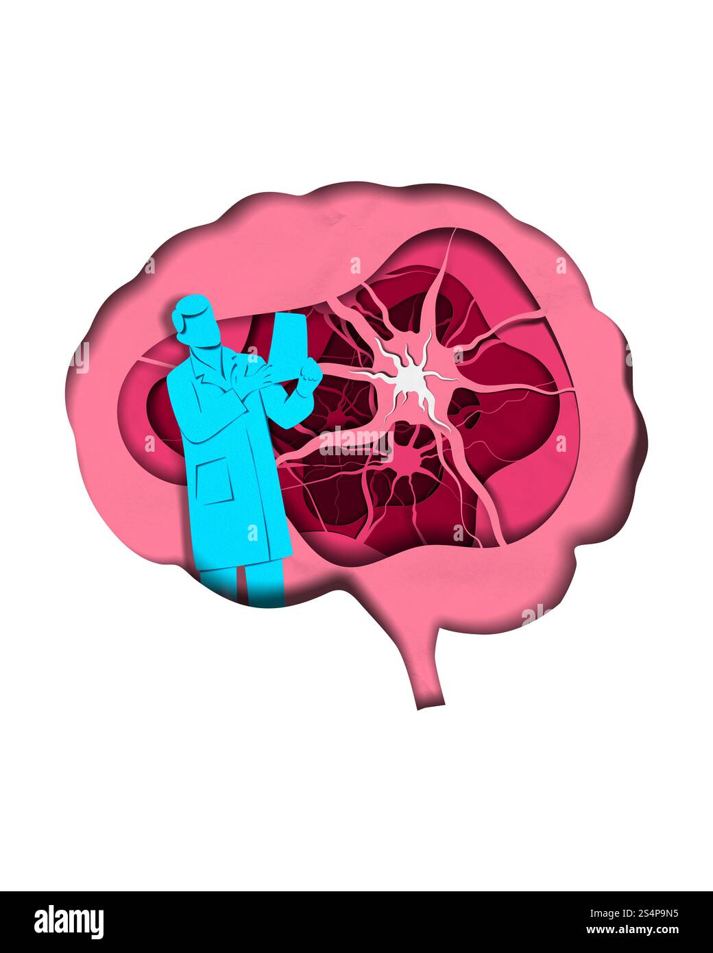 Brain illustration with visible neurons and doctor analyzing brain ...