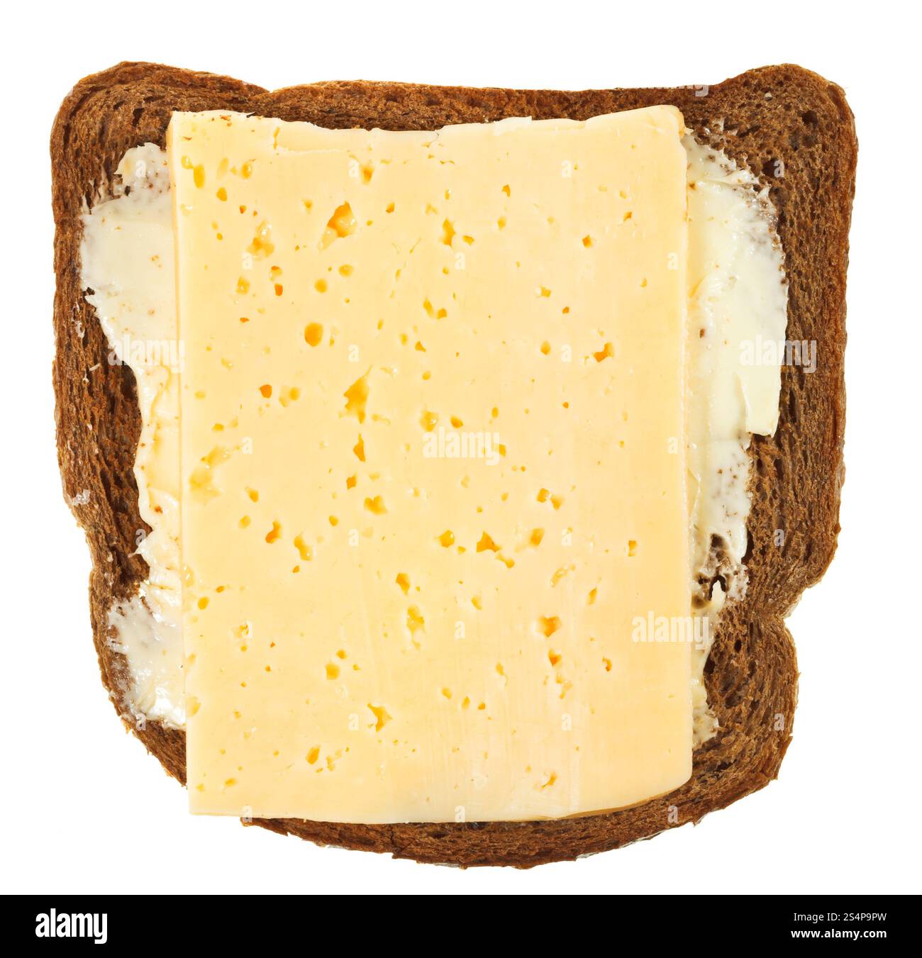 top view of rye bread and dairy butter with cheese sandwich isolated on ...