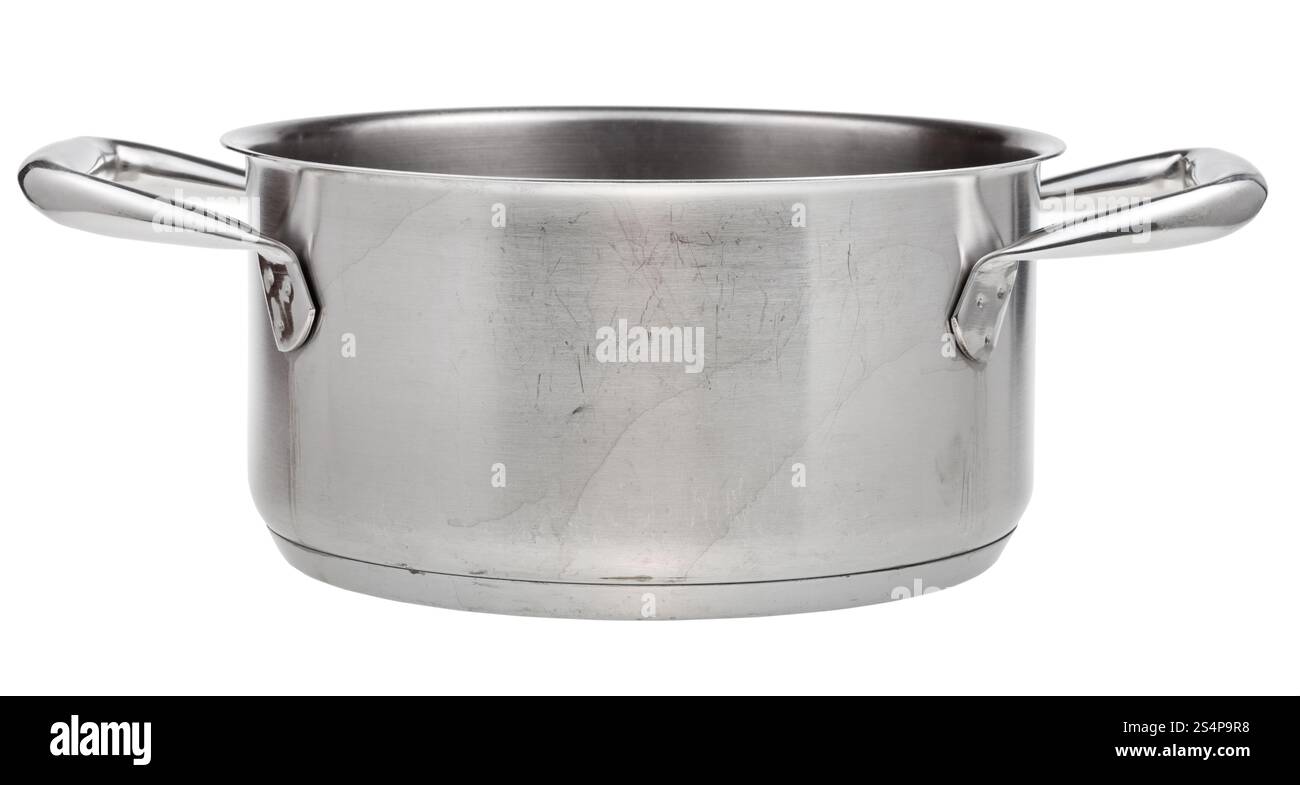 side view of open small stainless steel pan isolated on white ...