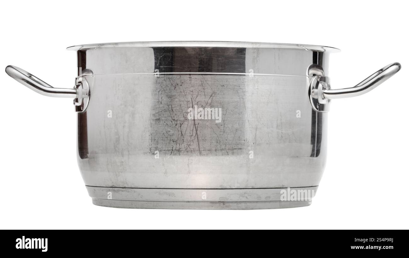 side view of small stainless steel saucepan isolated on white ...