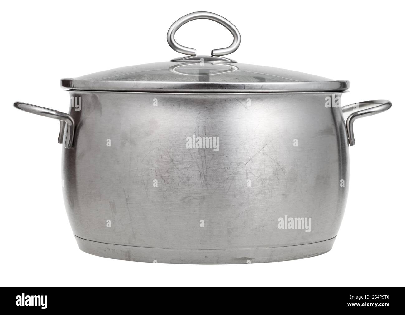 side view of stainless steel saucepan covered by glass lid isolated on ...