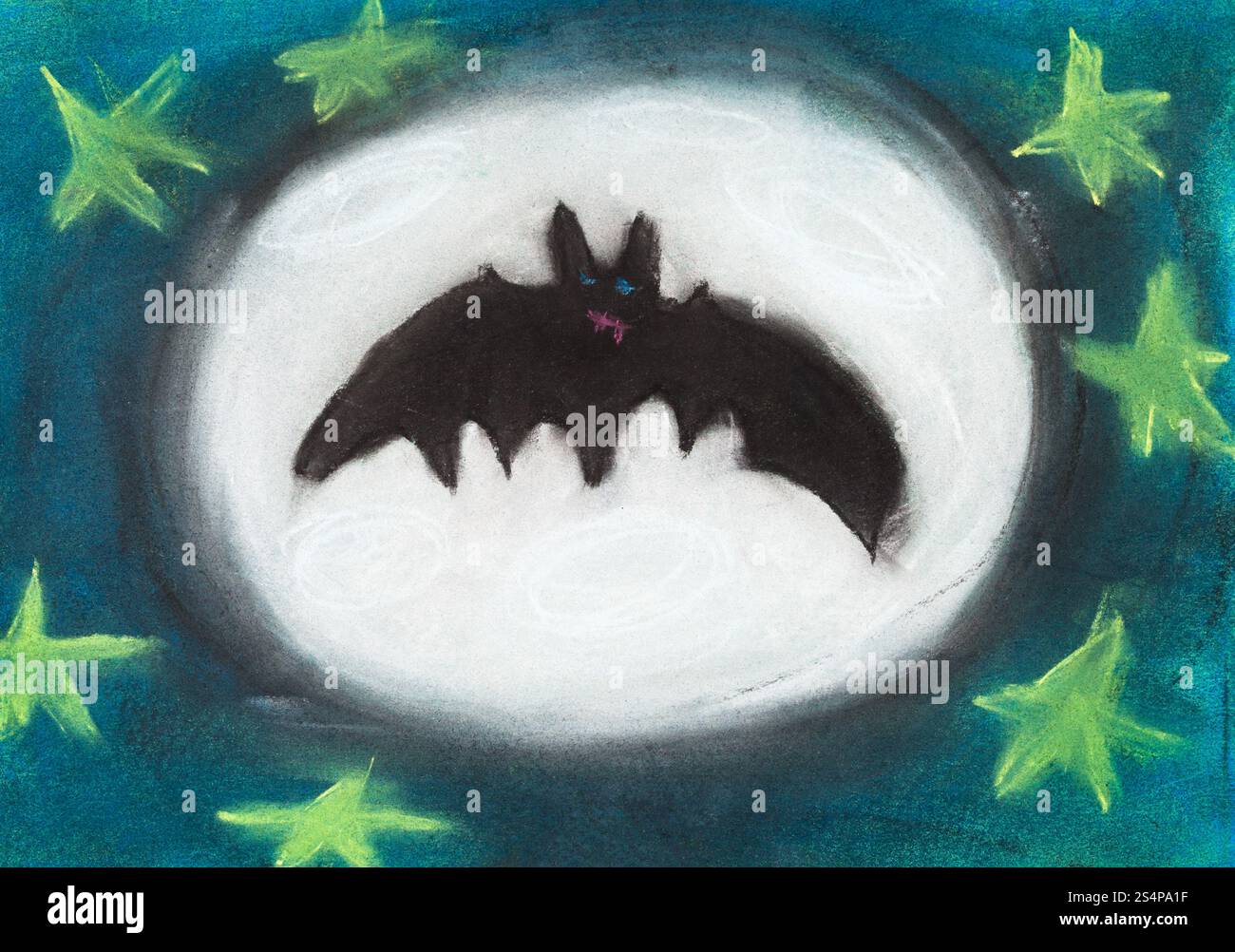 children drawing - flying night bat with full moon background Stock ...