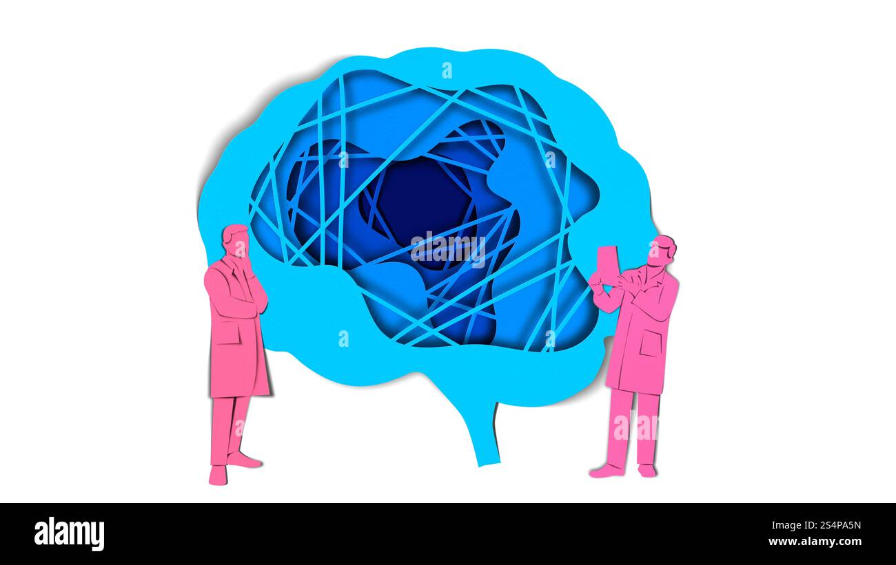 brain with interconnected strings and two scientists analyzing the ...