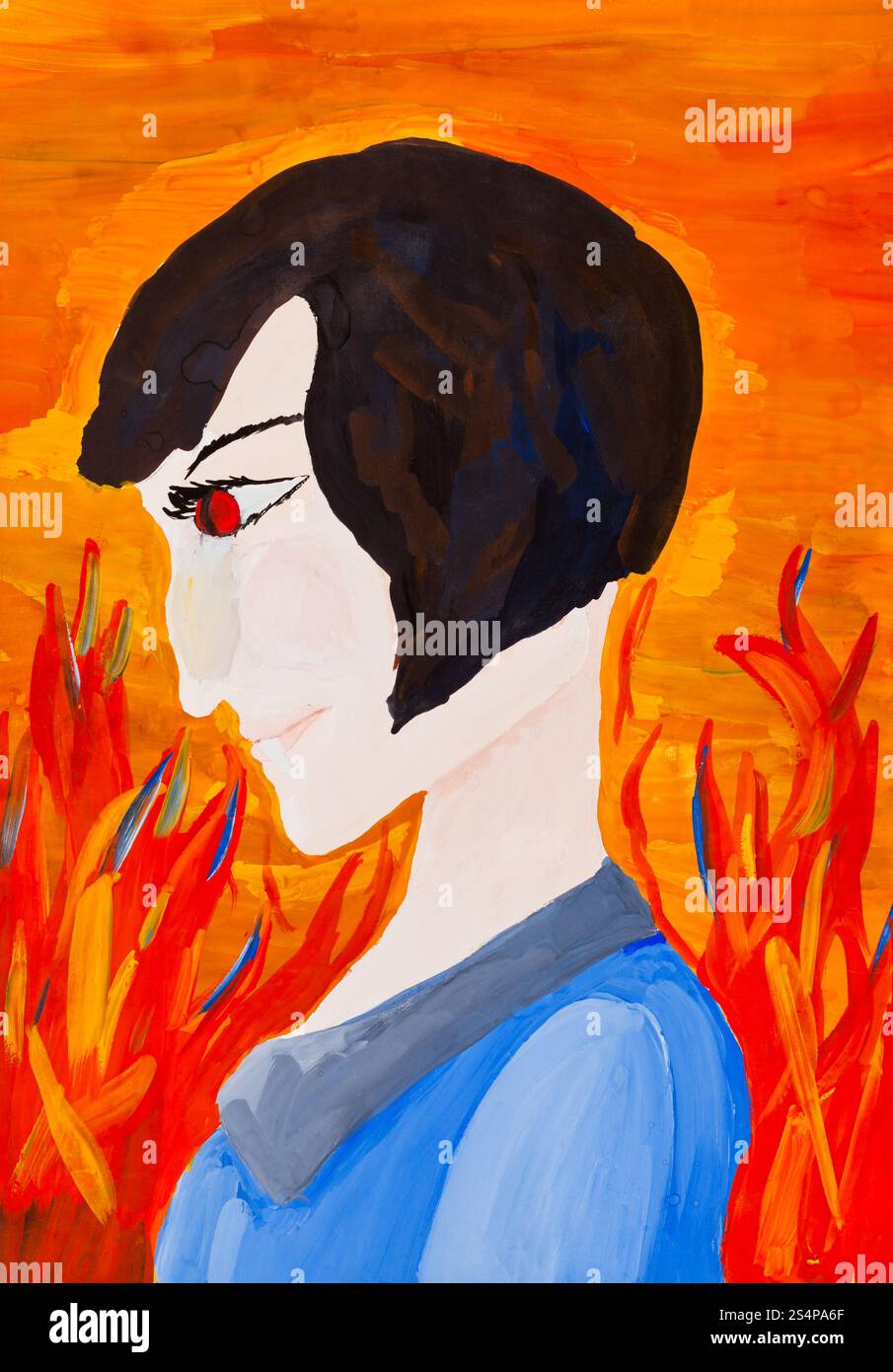 children drawing - demoness with hell fire background Stock Photo - Alamy