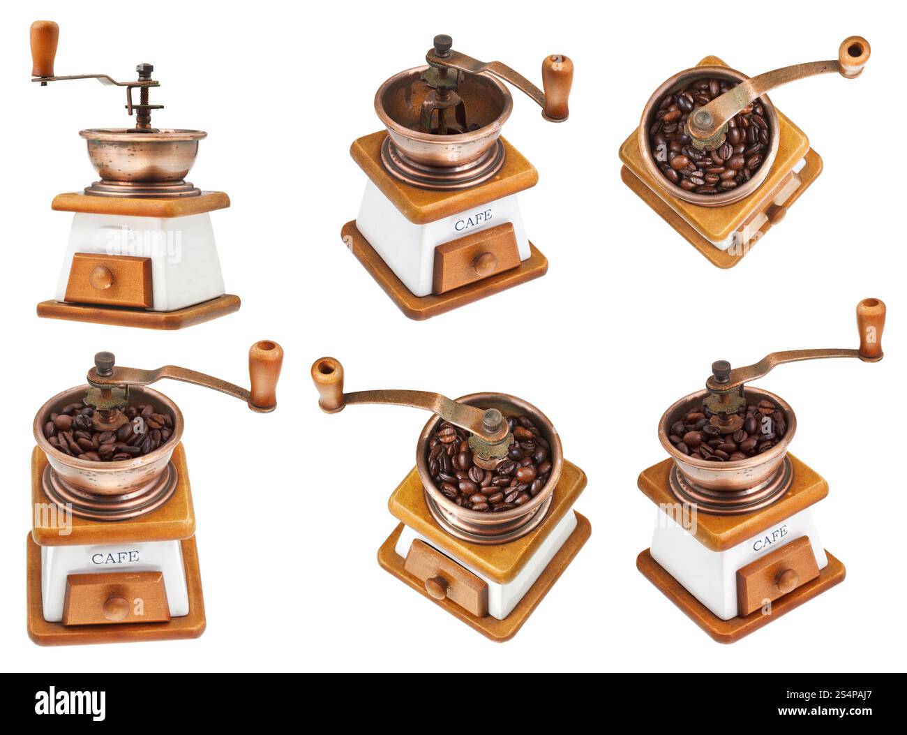 set of vintage manual copper coffee mill isolated on white background ...
