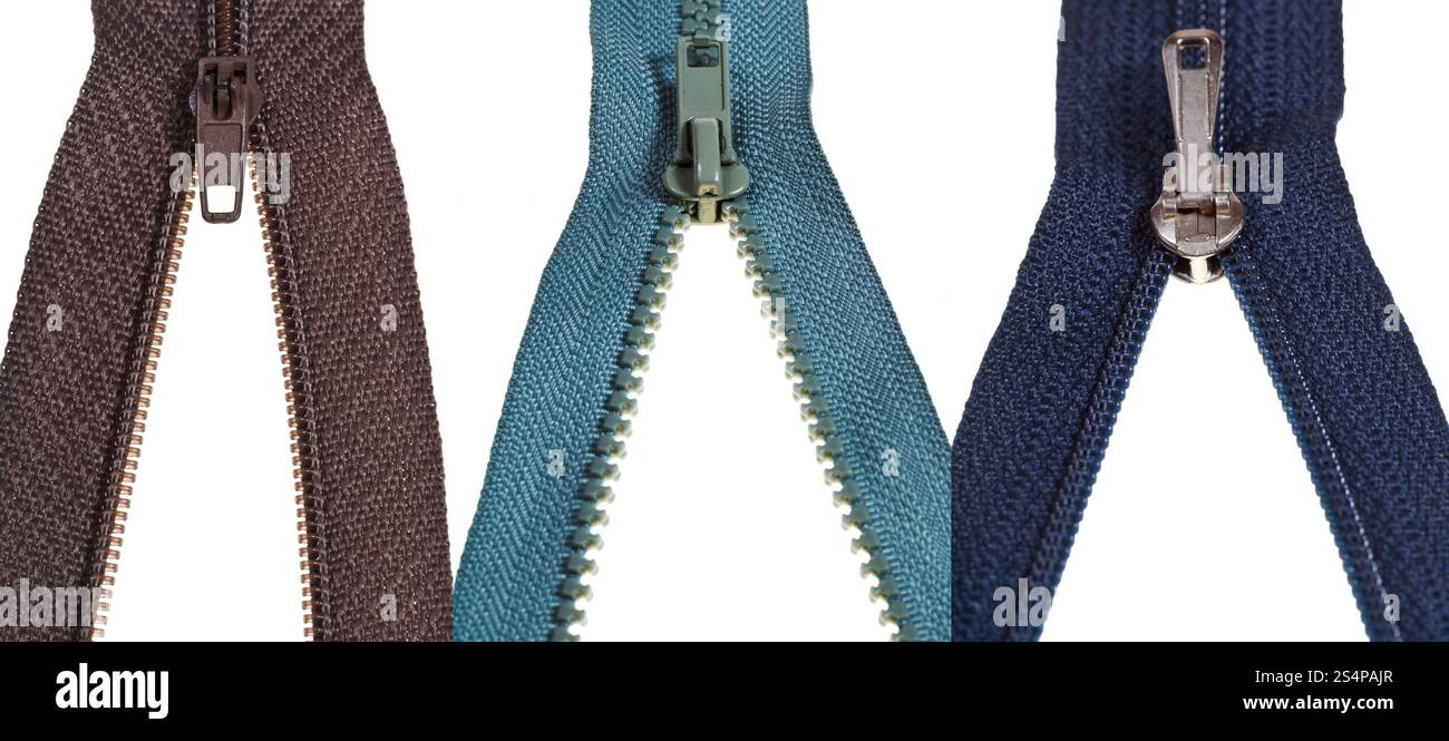 set of open zip fasteners close up isolated on white background Stock ...