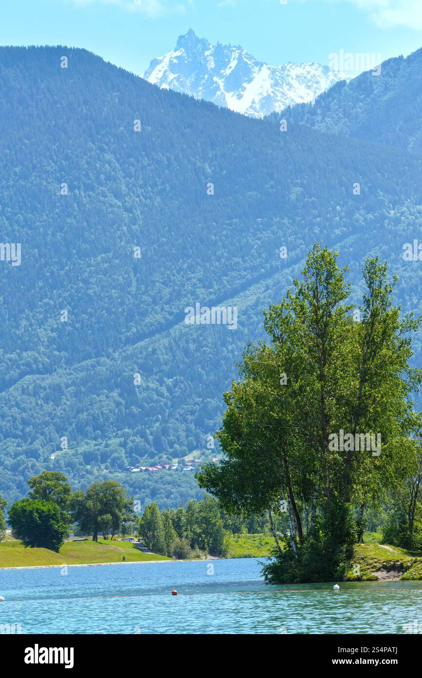Lake Passy and Mont Blanc mountain massif summer view (Chamonix, France ...