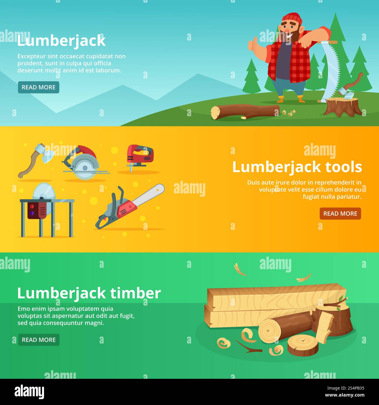 Horisontal banners of sawmill theme. Vector lumberjack tools and timber illustration. Horisontal ...
