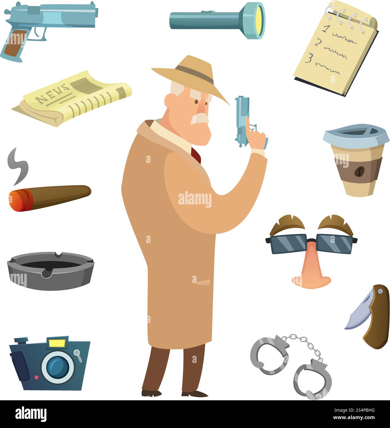 Different tools for detective. Vector icons in cartoon style. Detective ...