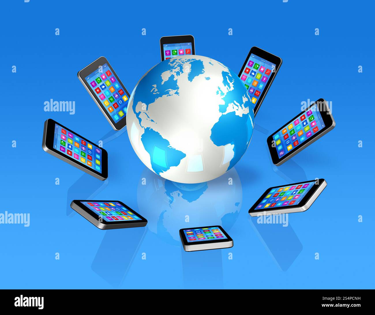 3D Smartphones Around World Globe, isolated on blue - Global ...