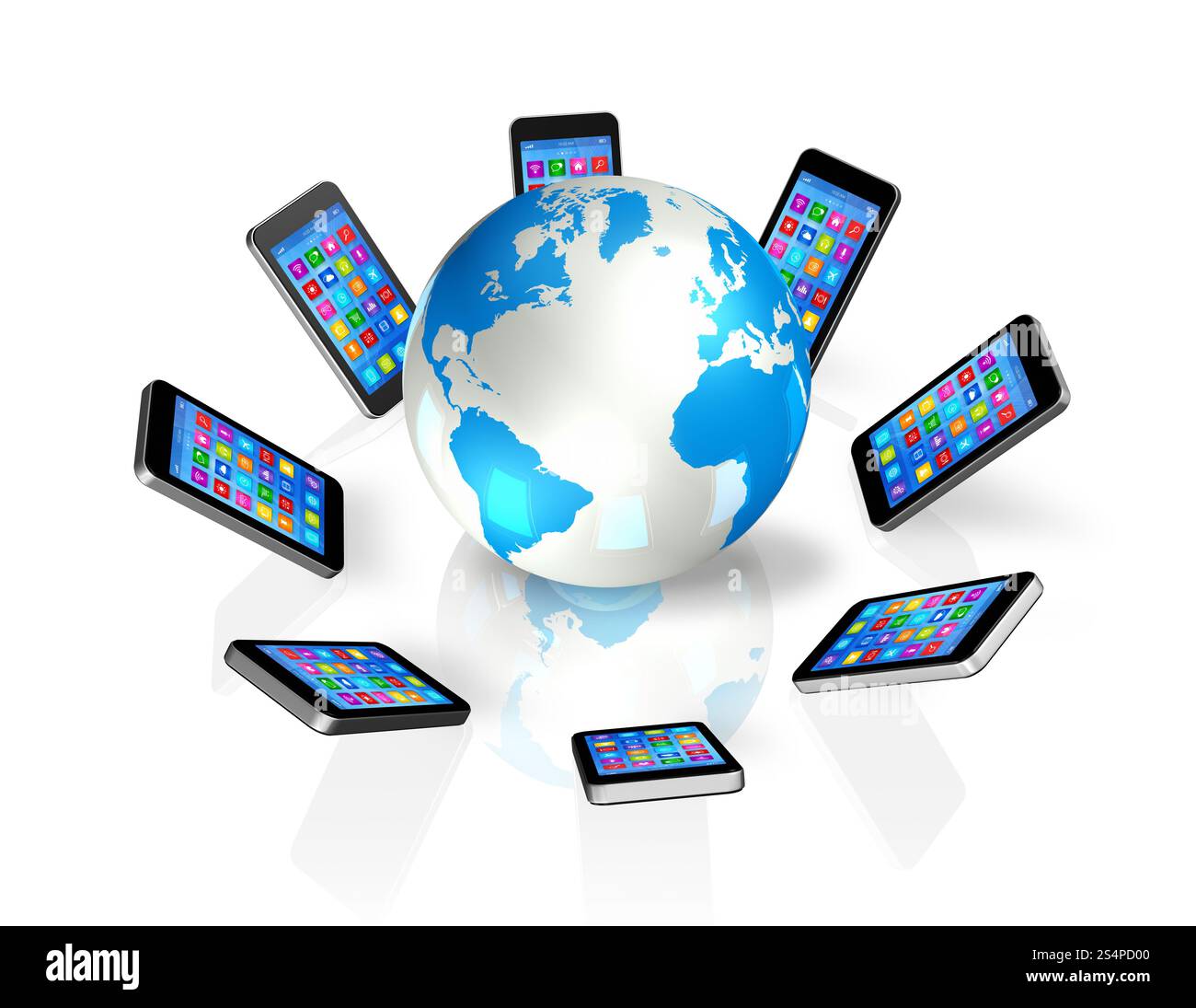 3D Smartphones Around World Globe, isolated on white - Global ...