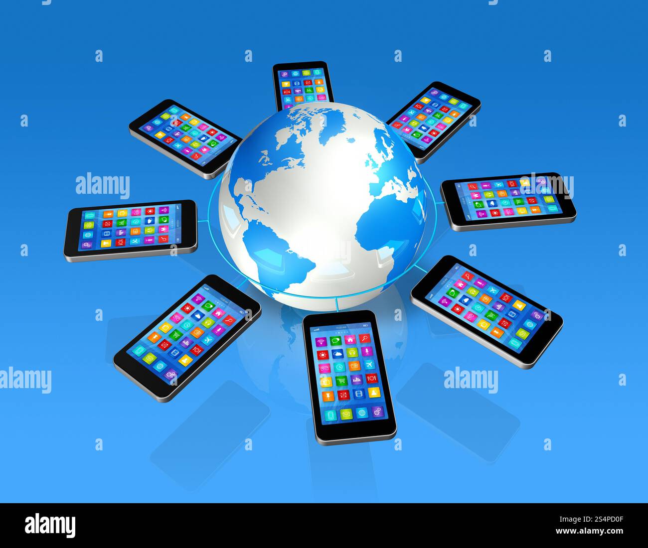 3D Smartphones Around World Globe, isolated on blue - Global ...