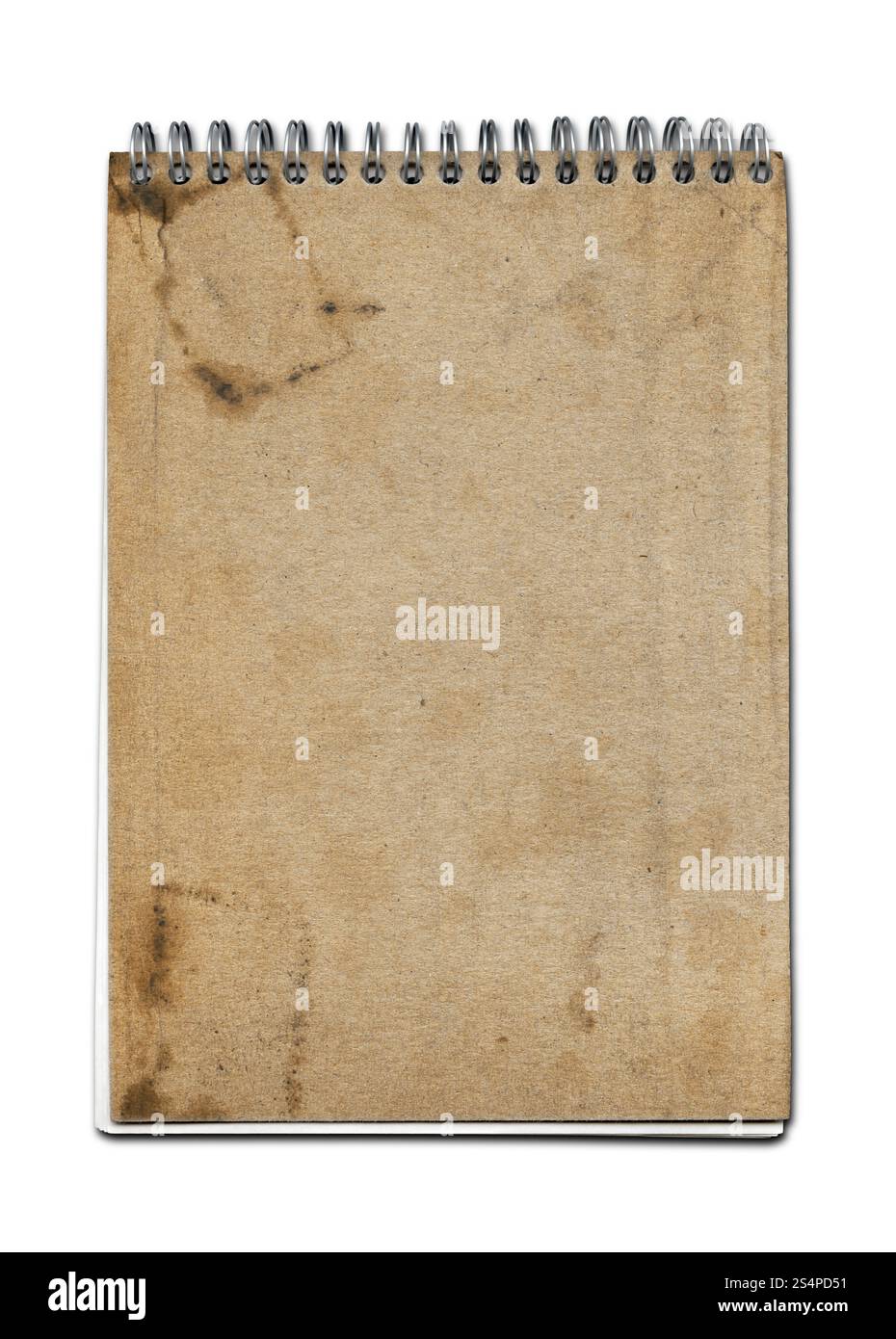 Grunge spiral close notebook, brown paper cover, isolated on white with ...