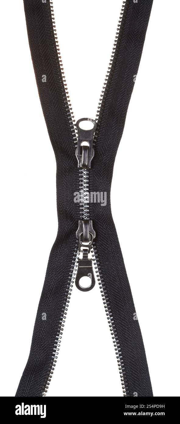 two runners on metallic black zip fastener close up isolated on white ...