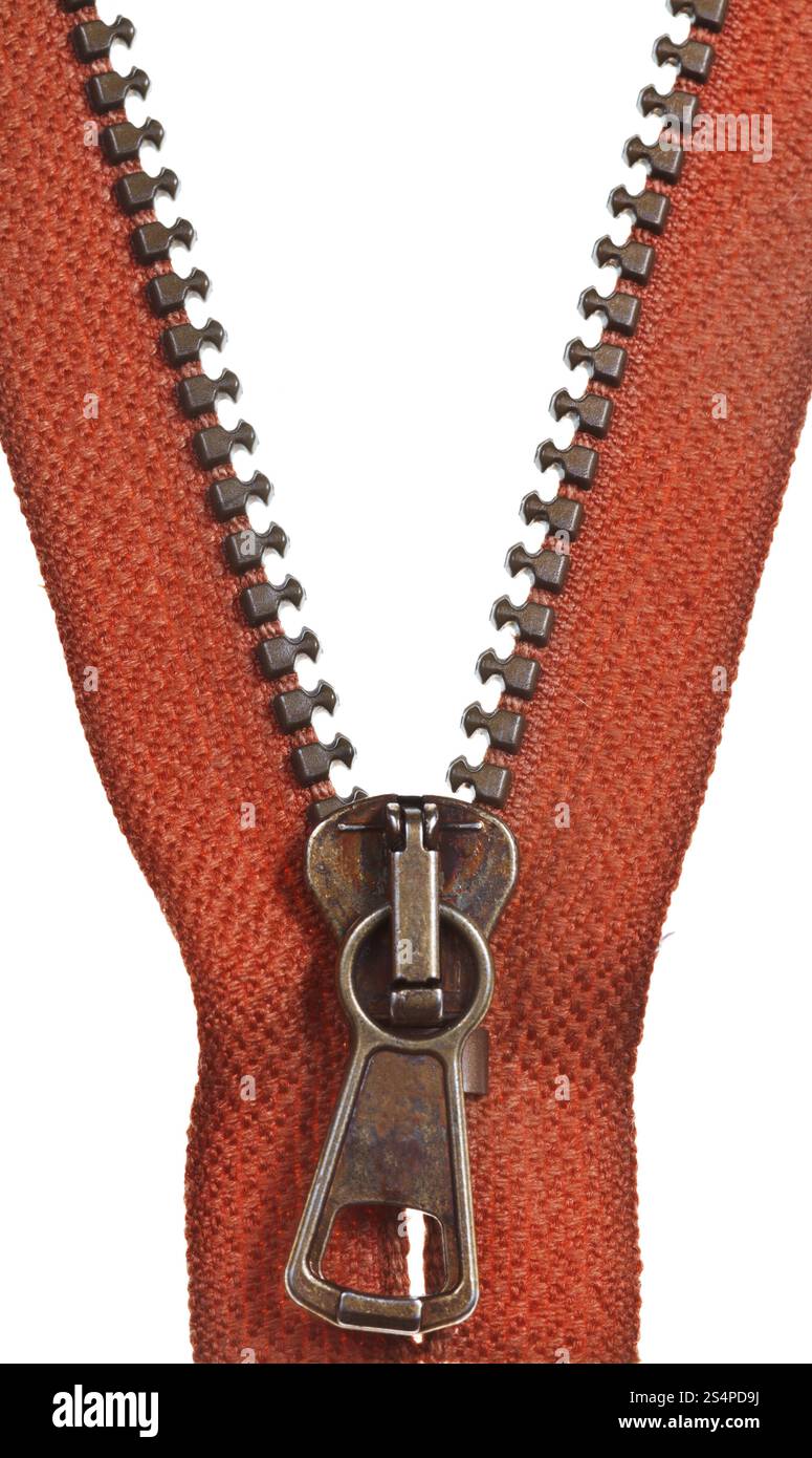 brass orange zip fastener close up isolated on white background Stock ...