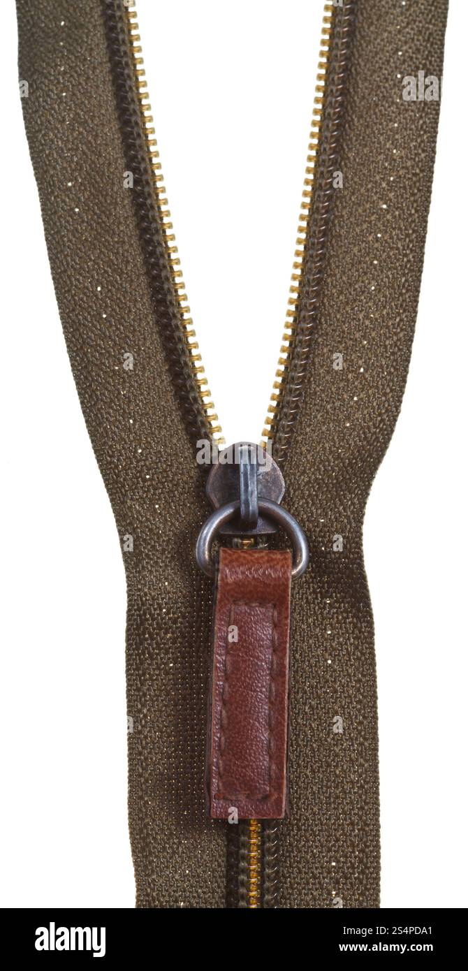 green and brown zip fastener close up isolated on white background ...