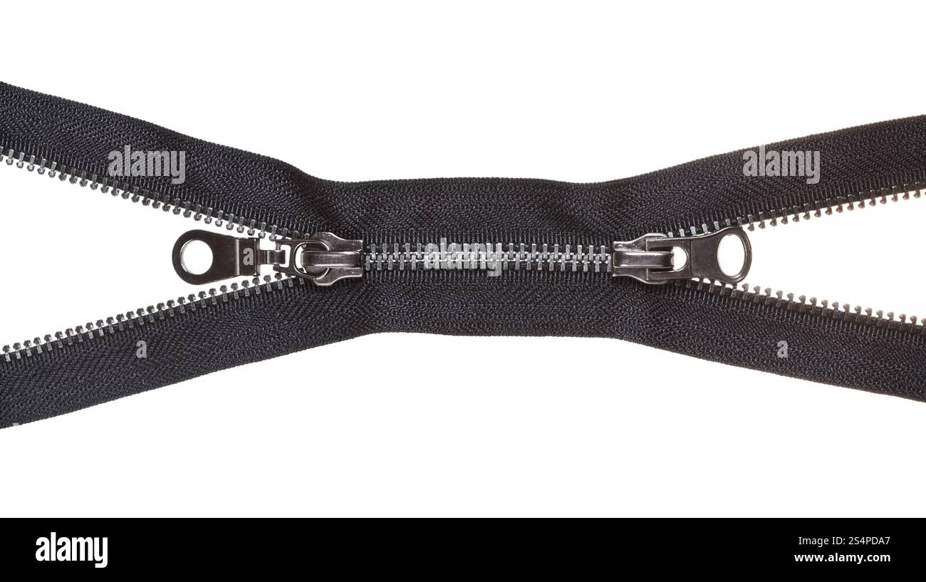 two sliders on metallic black zip fastener close up isolated on white ...