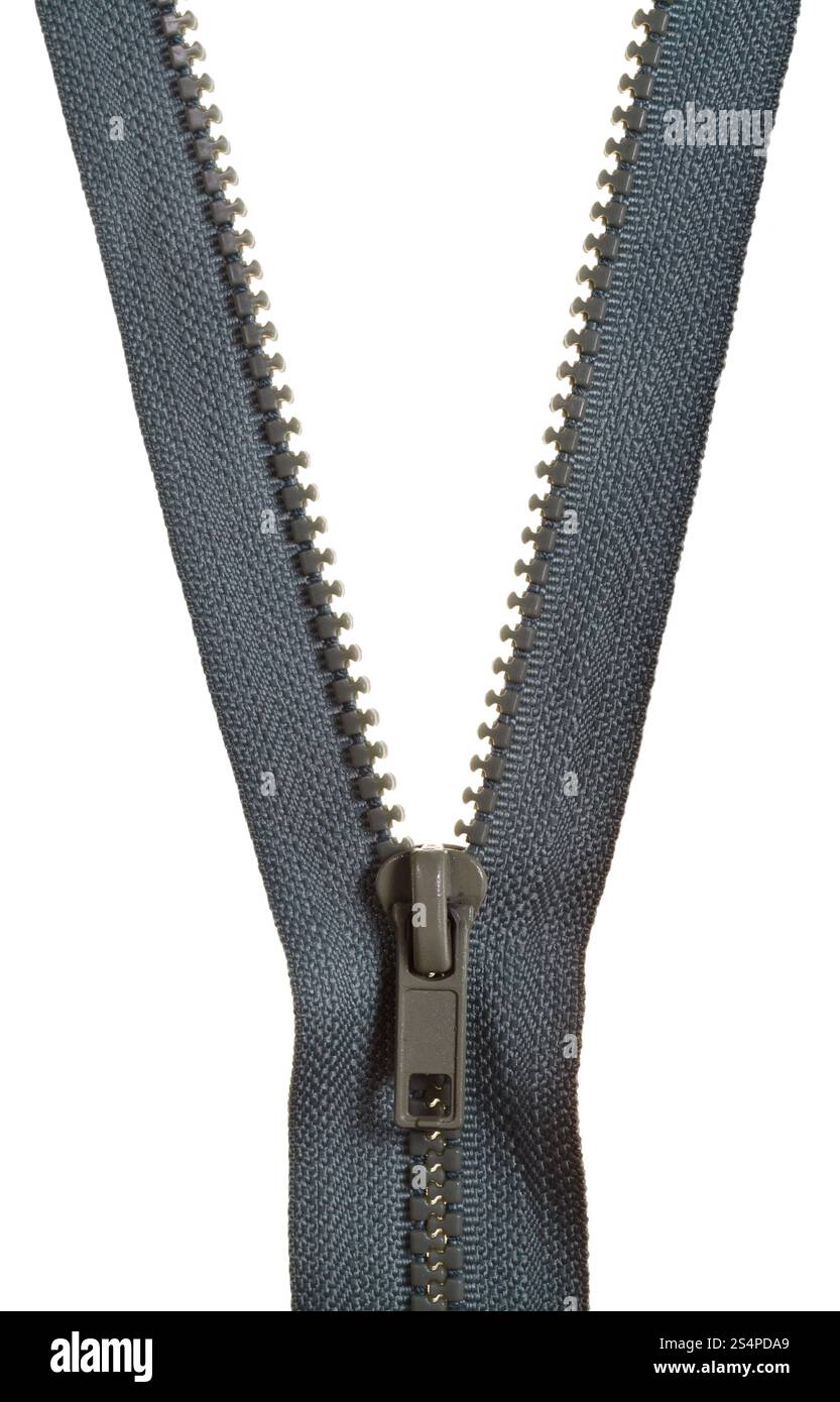 grey plastic zip fastener close up isolated on white background Stock ...