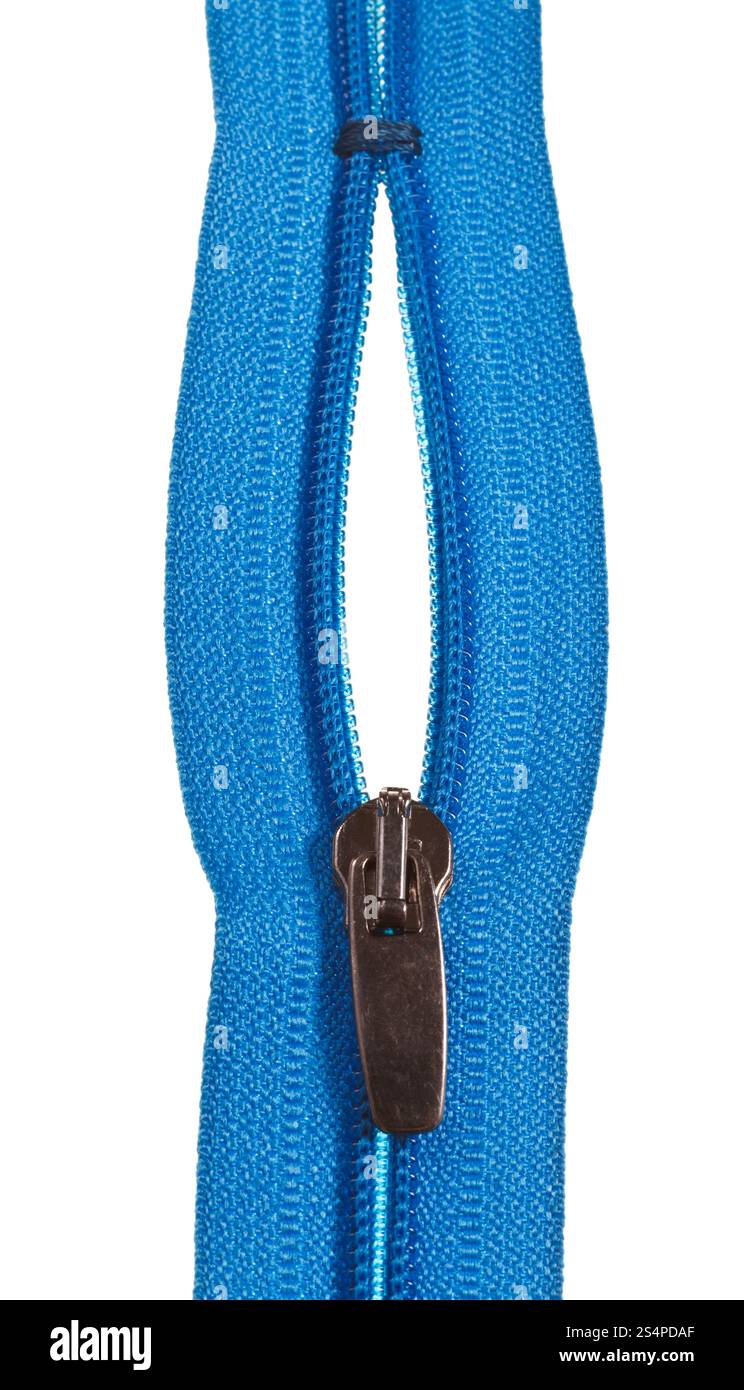 closed-ended blue zip fastener close up isolated on white background ...