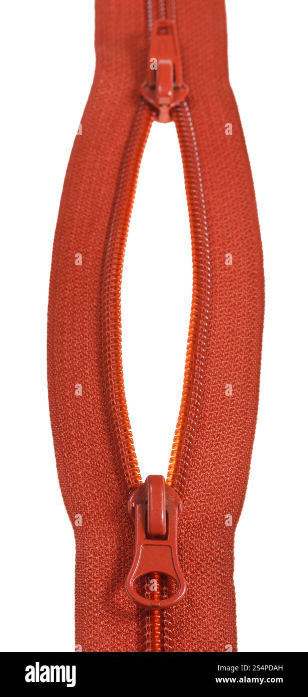 two sliders on red plastic zip fastener close up isolated on white ...