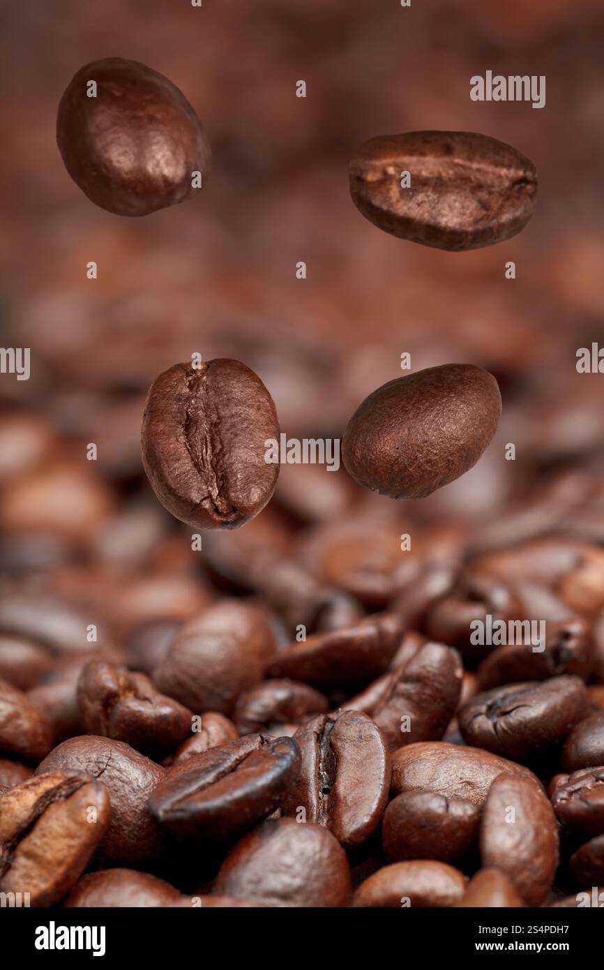 four falling beans and roasted coffee beans background with focus ...