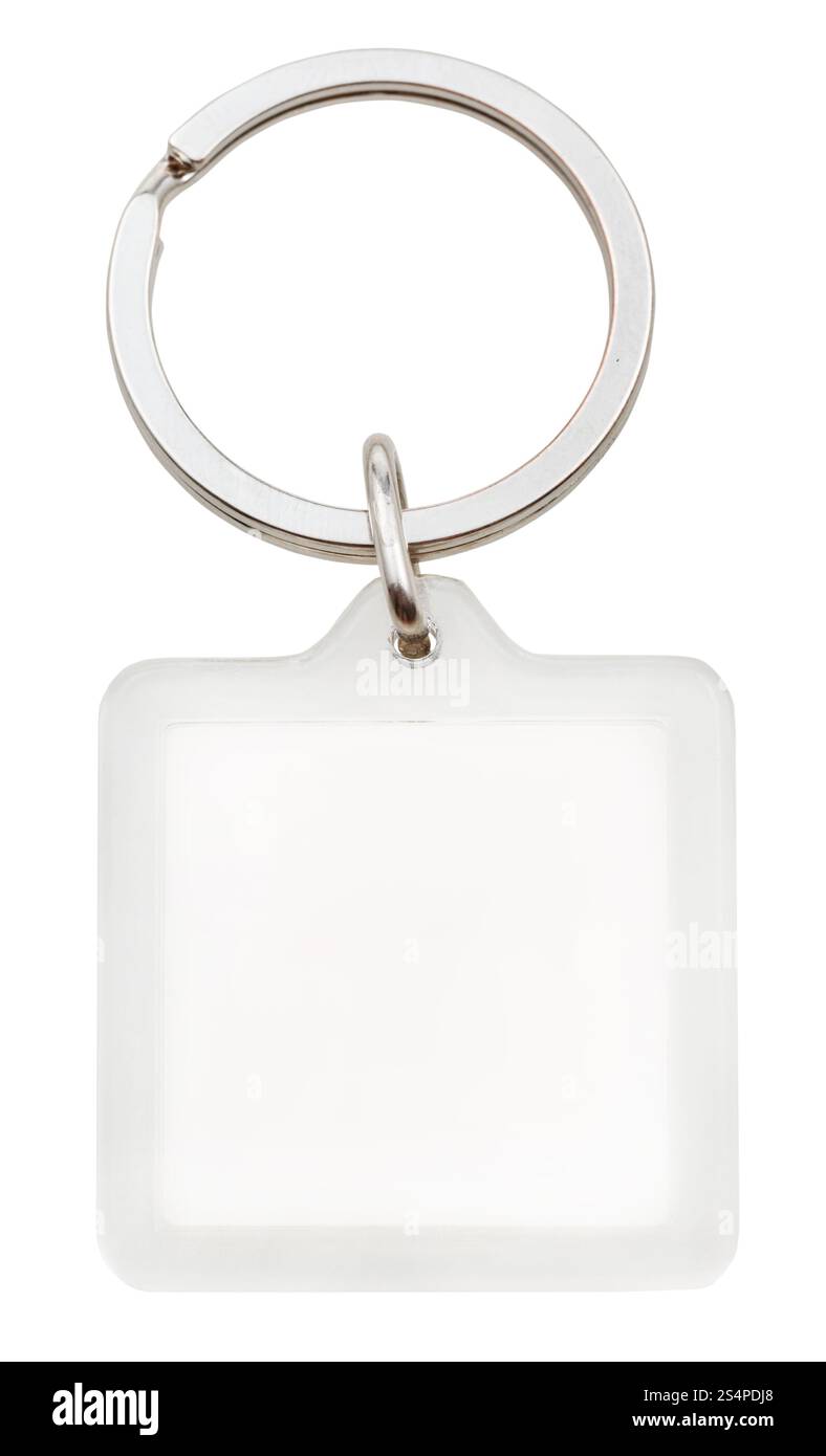 white plastic blank square keychain on ring isolated on white ...