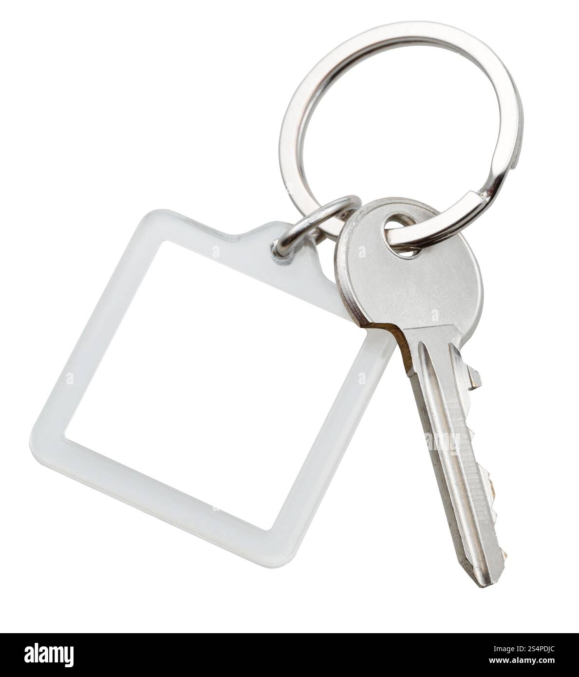 one door key and square keychain on ring isolated on white background ...