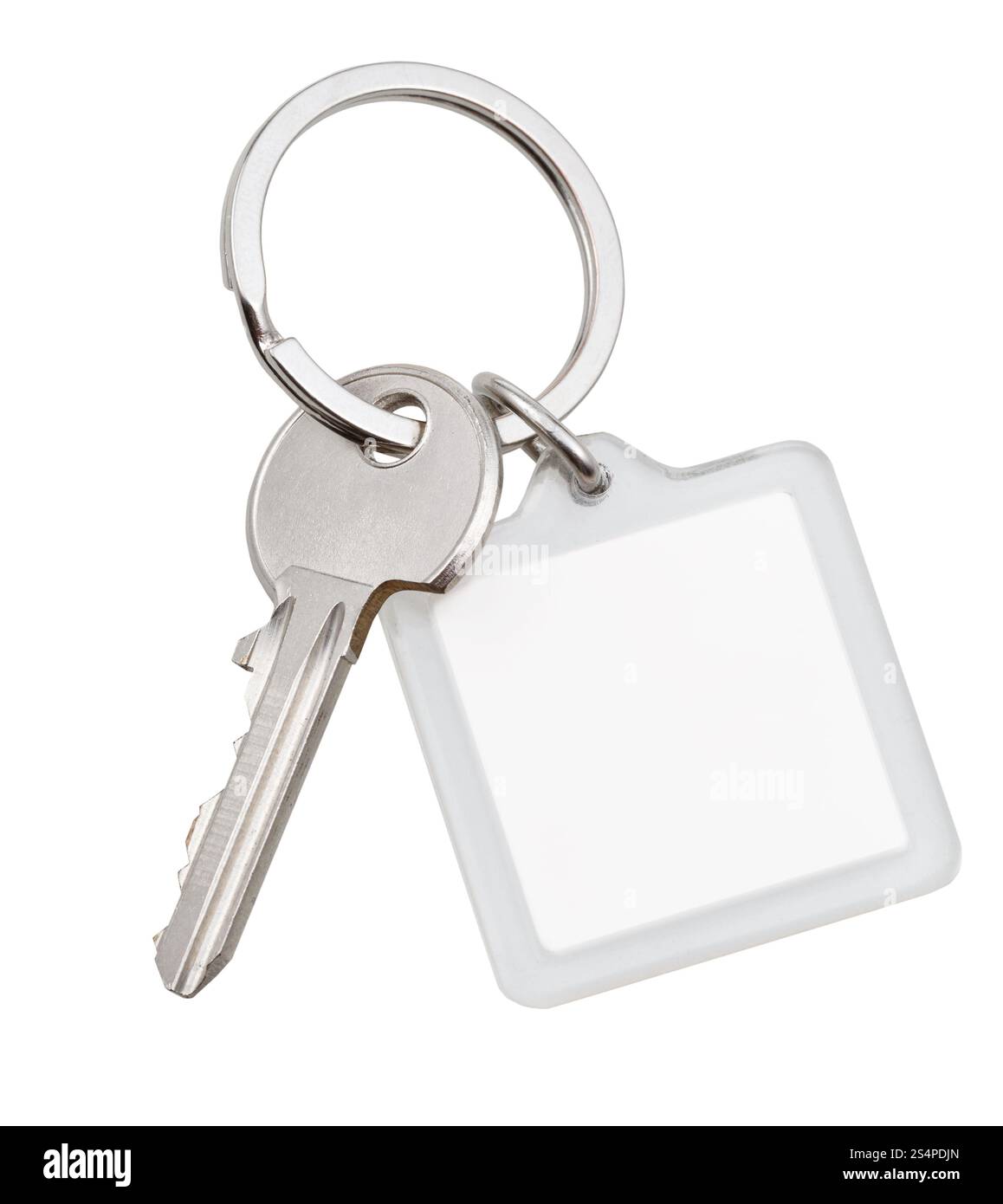 one house key and square keychain on ring isolated on white background ...