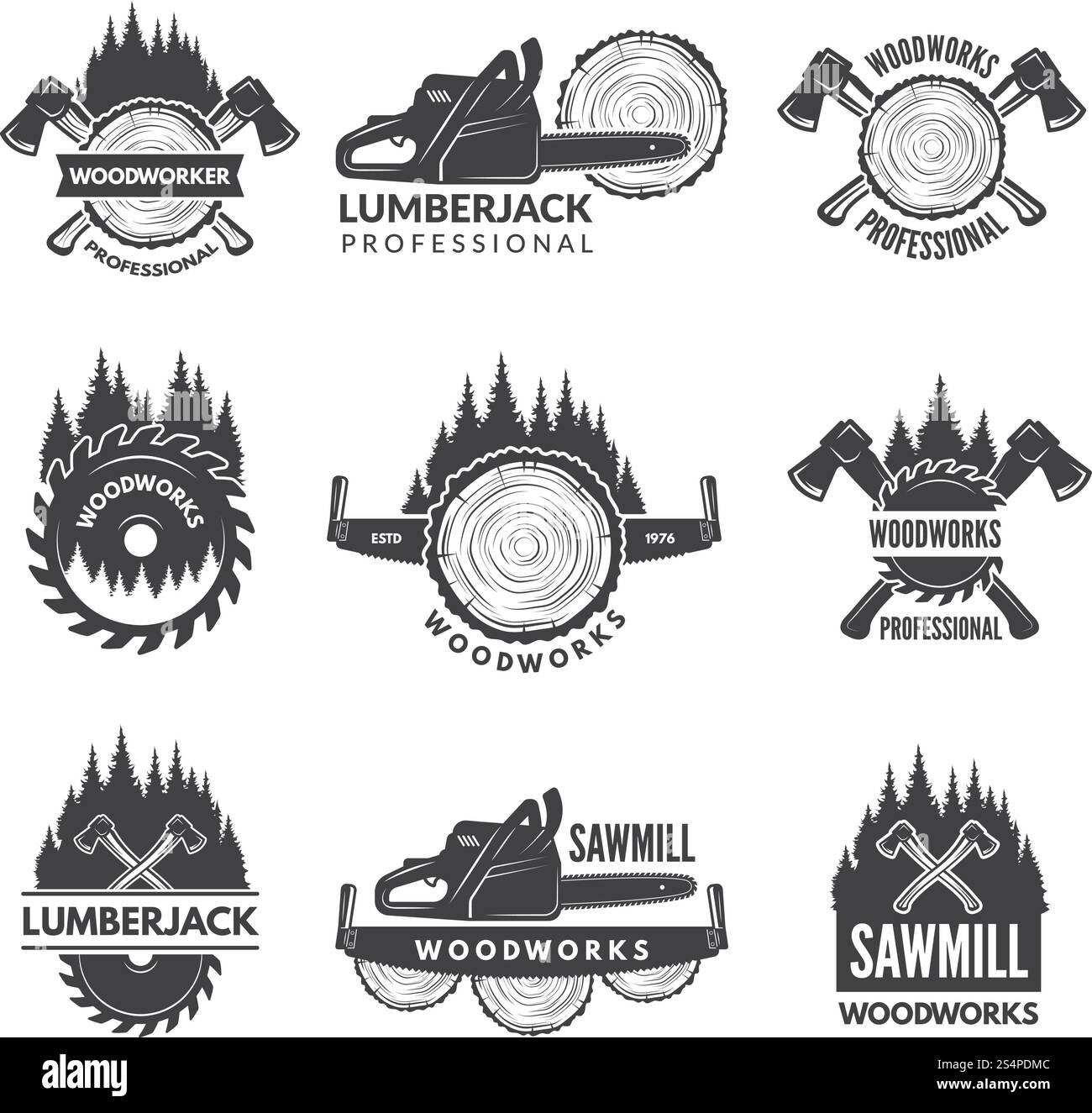 Badges set for wood working industry. Woodwork logo emblem industry ...