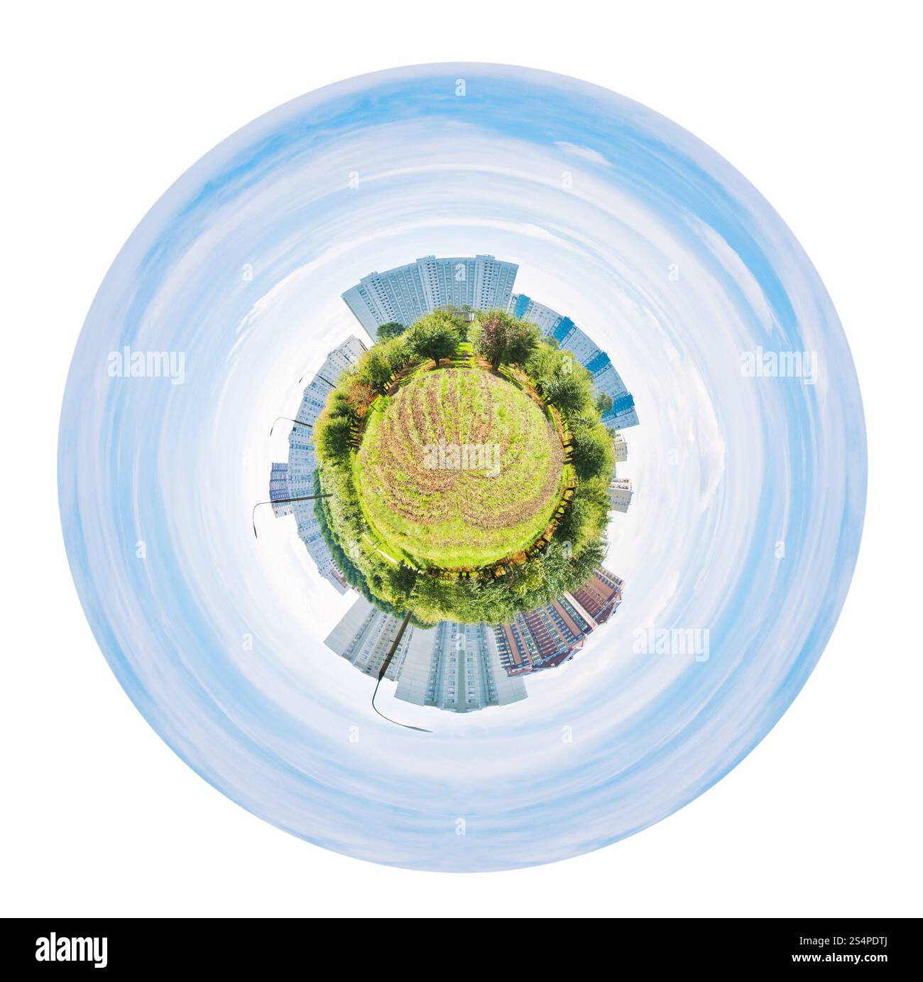 little planet - urban spherical panorama of garden and houses isolated ...