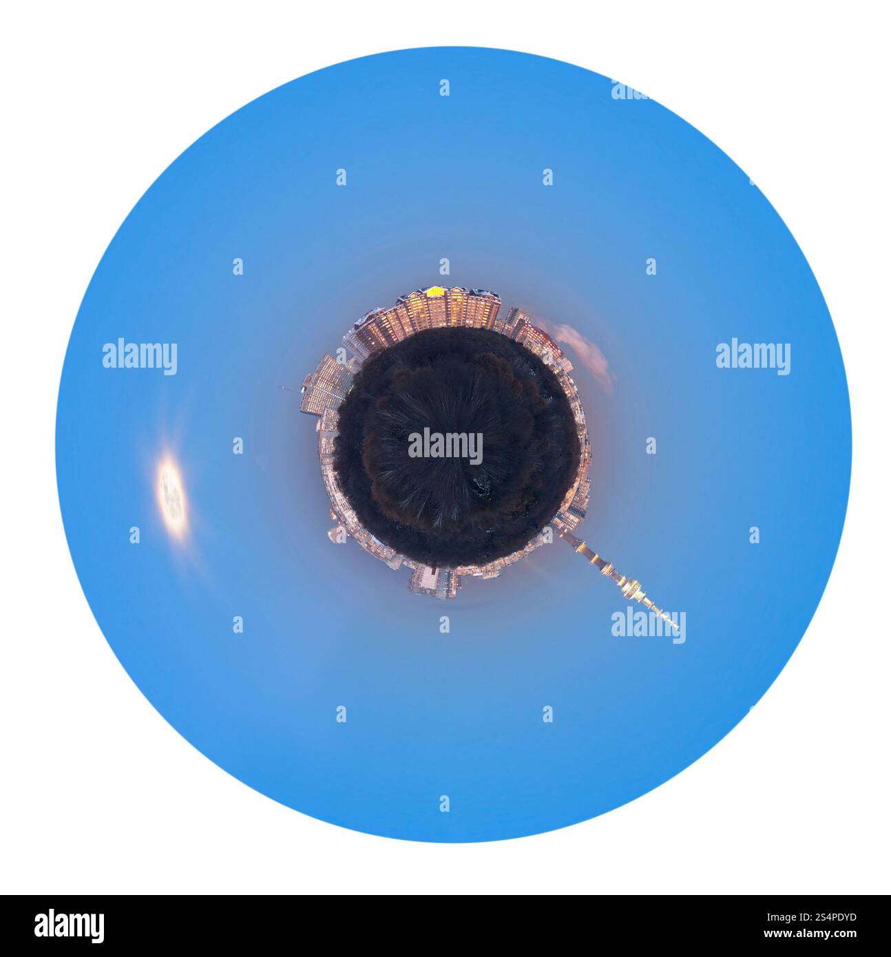 little planet - sunset on urban spherical planet and forest under blue ...