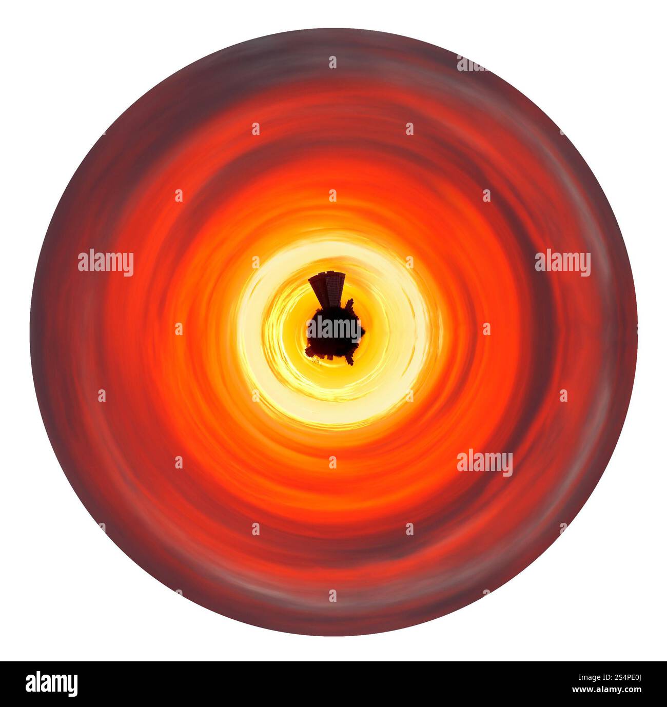 little planet - red sunrise on little urban planet isolated on white ...