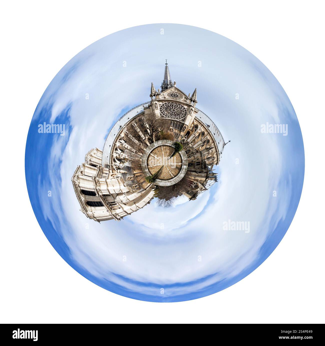 little planet - urban spherical view of cathedral Notre-Dame de Paris ...