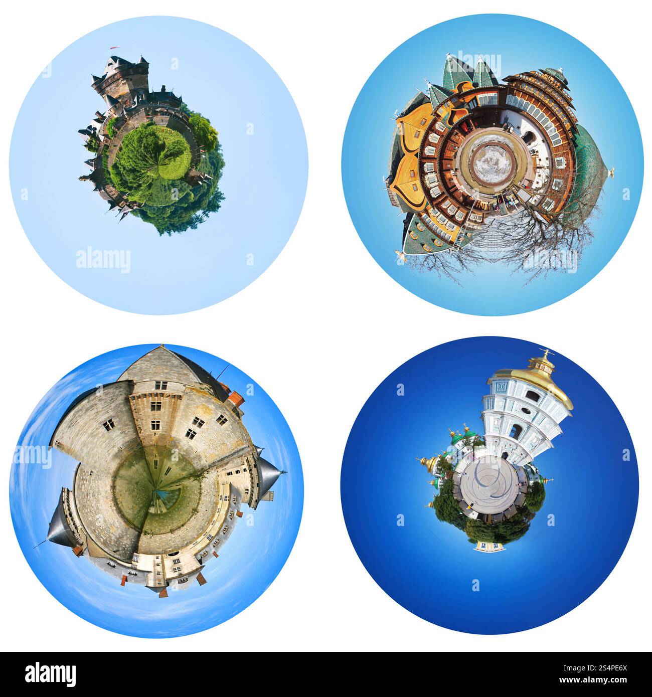 set of spherical view of styled european castles Stock Photo - Alamy