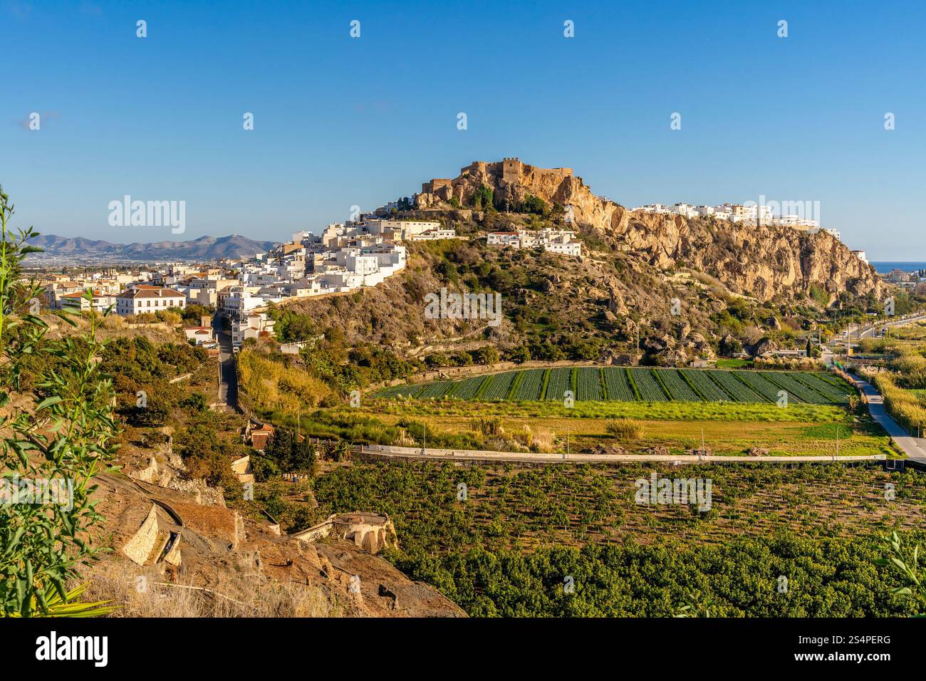 Castle and whitewashed architecture of Salobrena in Granada district in ...