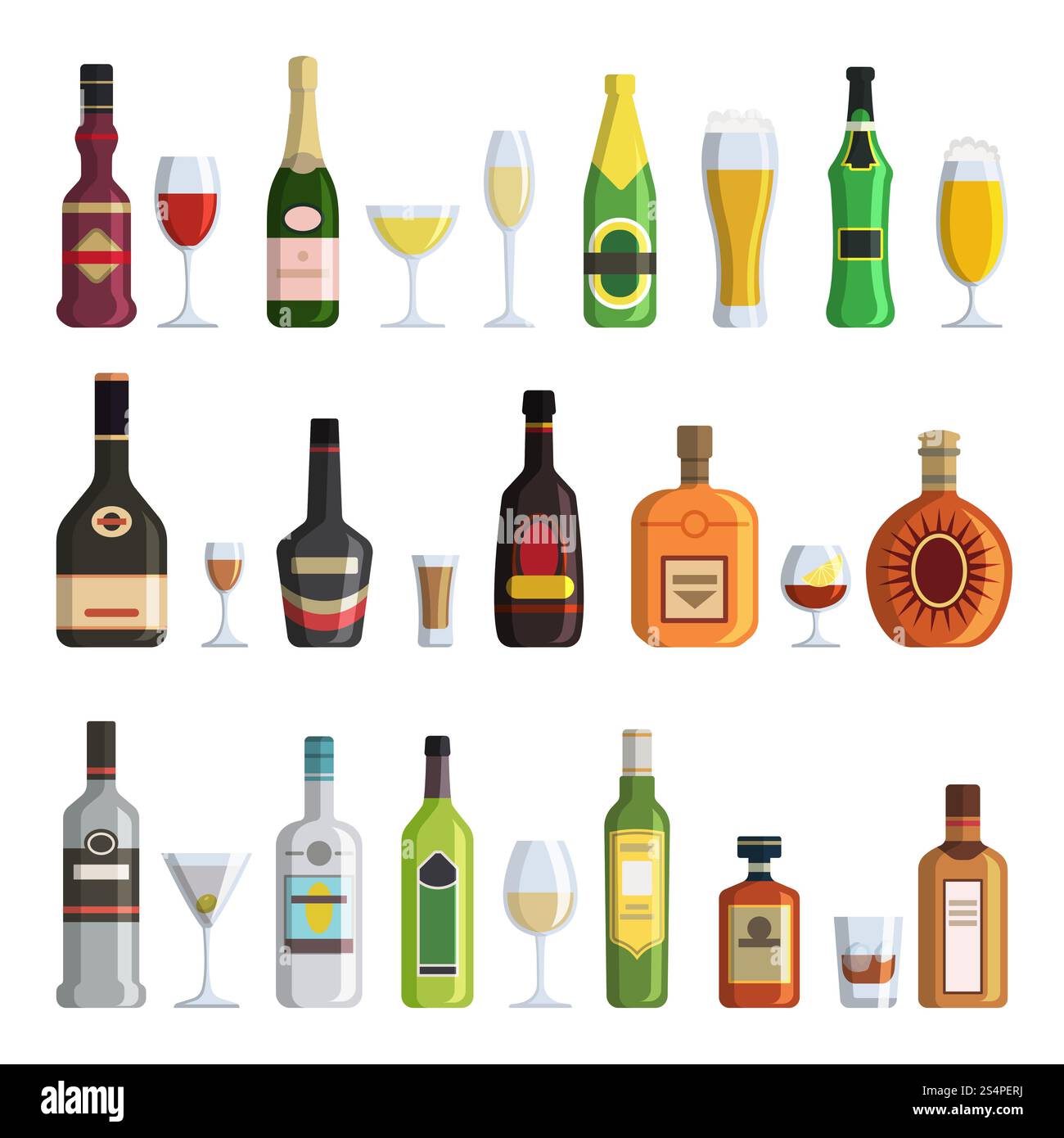 Illustrations of alcoholic bottles and glasses in cartoon style. Vector alcohol bottle wine and ...