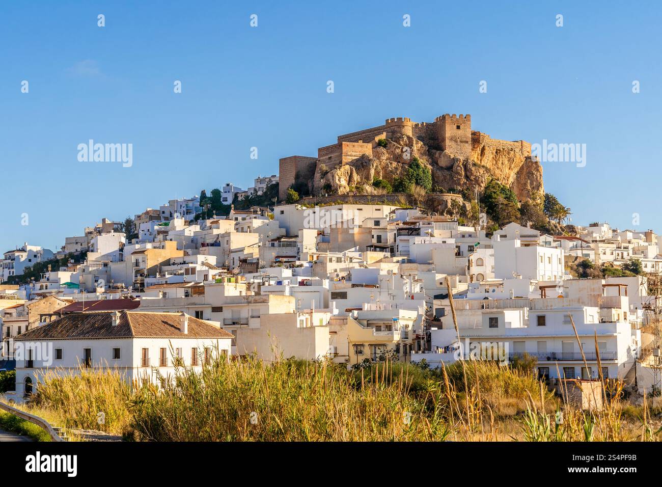 Castle and whitewashed architecture of Salobrena in Granada district in ...