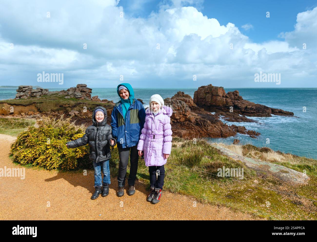 Family and Ploumanach coast spring view (Perros-Guirec, Brittany ...