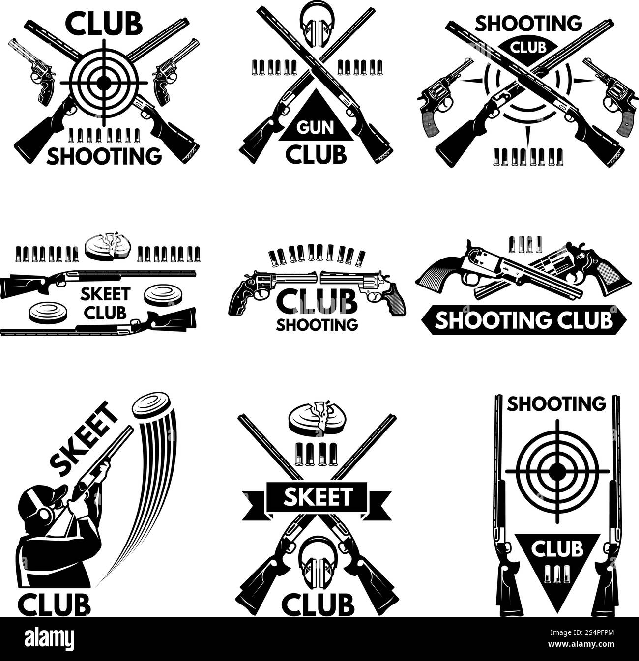 Labels set for shooting club. Illustrations of weapons, bullets, clay ...