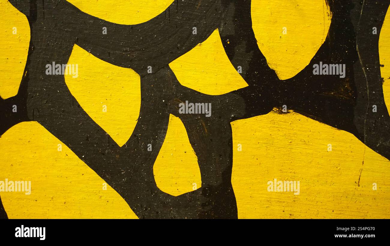 Vivid abstract composition featuring bold black shapes against a ...